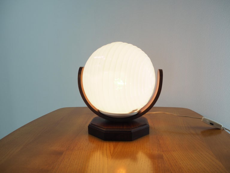 Vintage Wood and Glass Round Table Lamp, from Czechoslovakia, 1970s For ...