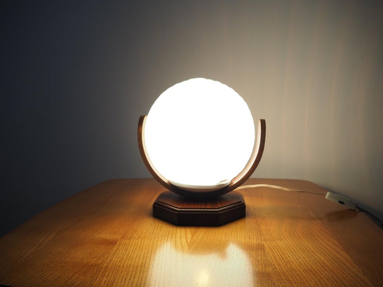 Vintage Wood and Glass Round Table Lamp, from Czechoslovakia, 1970s For ...