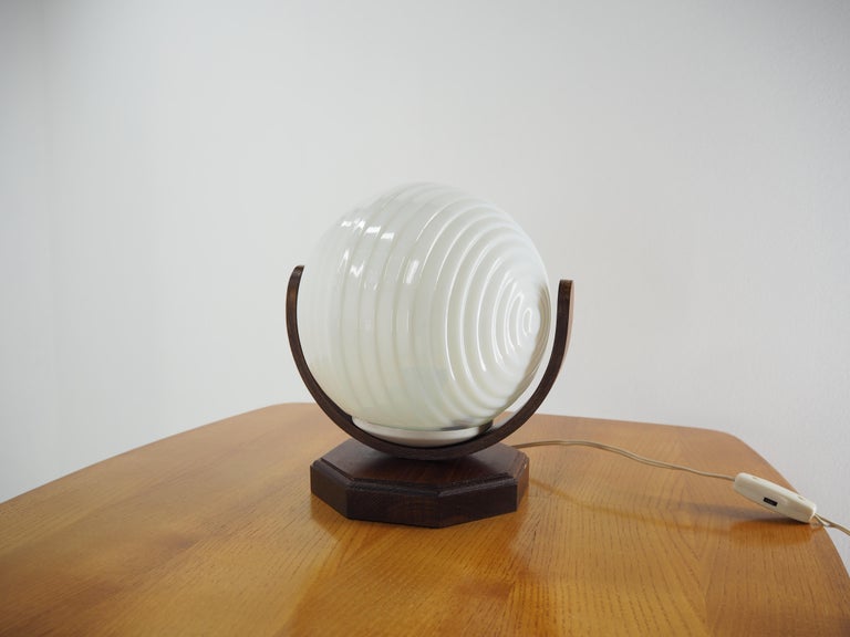 Vintage Wood and Glass Round Table Lamp, from Czechoslovakia, 1970s For ...