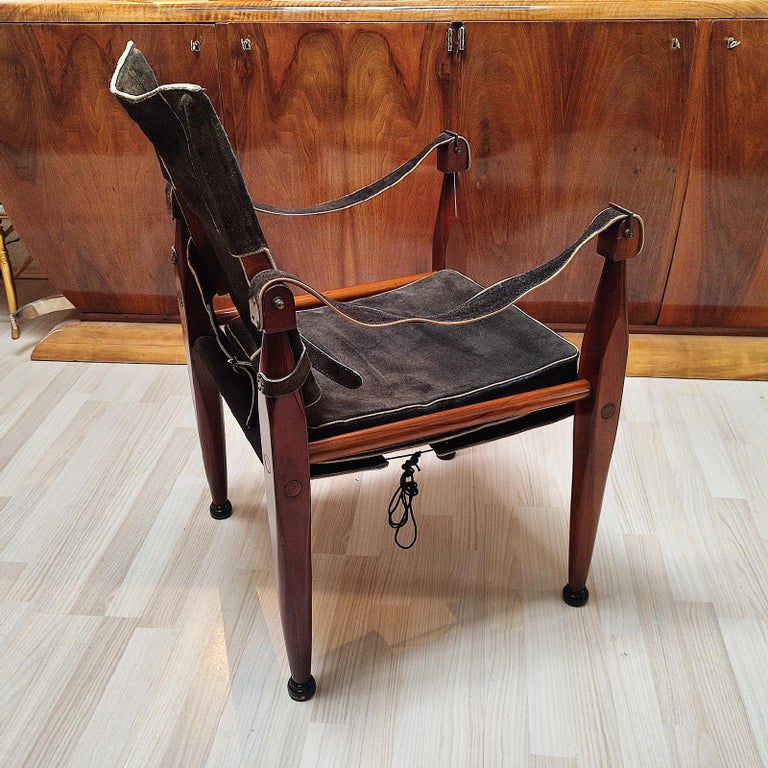 Vintage Wood and Suede Safari Campaign Chair For Sale at 1stDibs