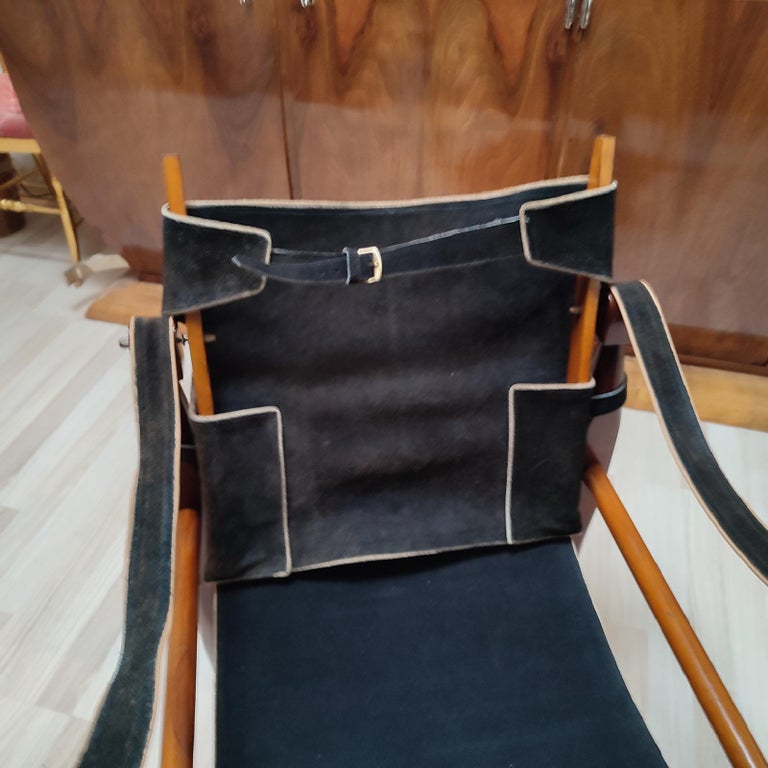 Vintage Wood and Suede Safari Campaign Chair For Sale at 1stDibs