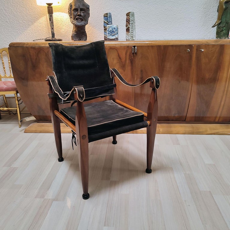 Vintage Wood and Suede Safari Campaign Chair For Sale at 1stDibs