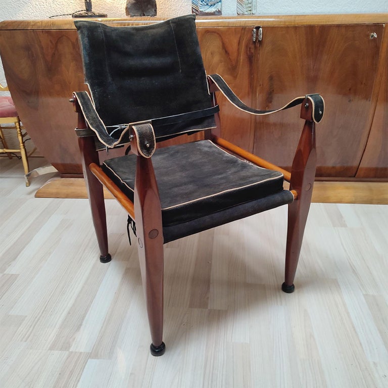 Vintage Wood and Suede Safari Campaign Chair For Sale at 1stDibs