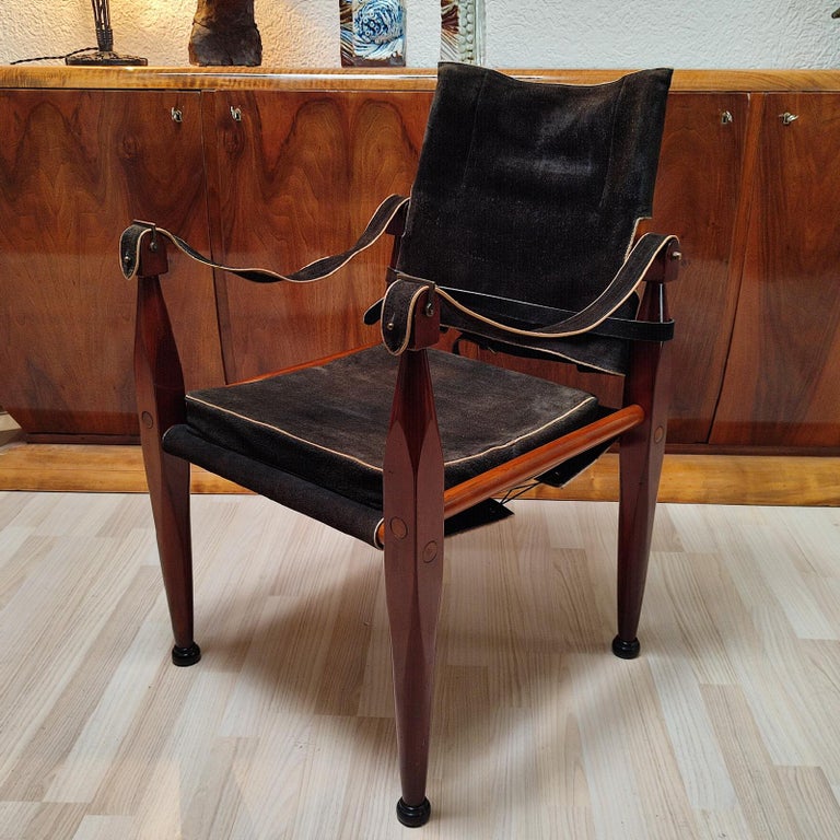 Vintage Wood and Suede Safari Campaign Chair For Sale at 1stDibs