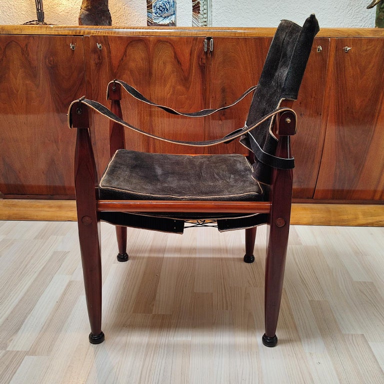 Vintage Wood and Suede Safari Campaign Chair For Sale at 1stDibs