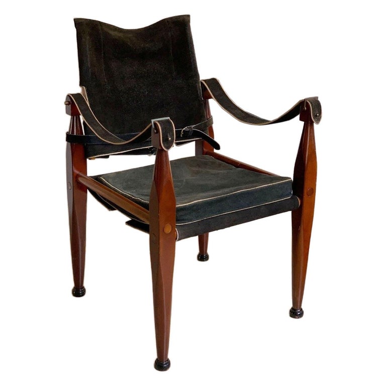 Vintage Wood and Suede Safari Campaign Chair For Sale at 1stDibs