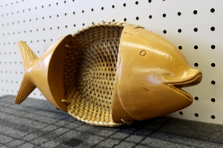 Vintage Wood and Wicker Fish Themed Basket For Sale at 1stDibs