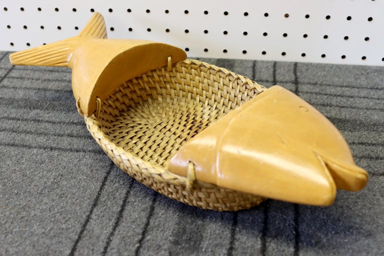 Vintage Wood and Wicker Fish Themed Basket For Sale at 1stDibs