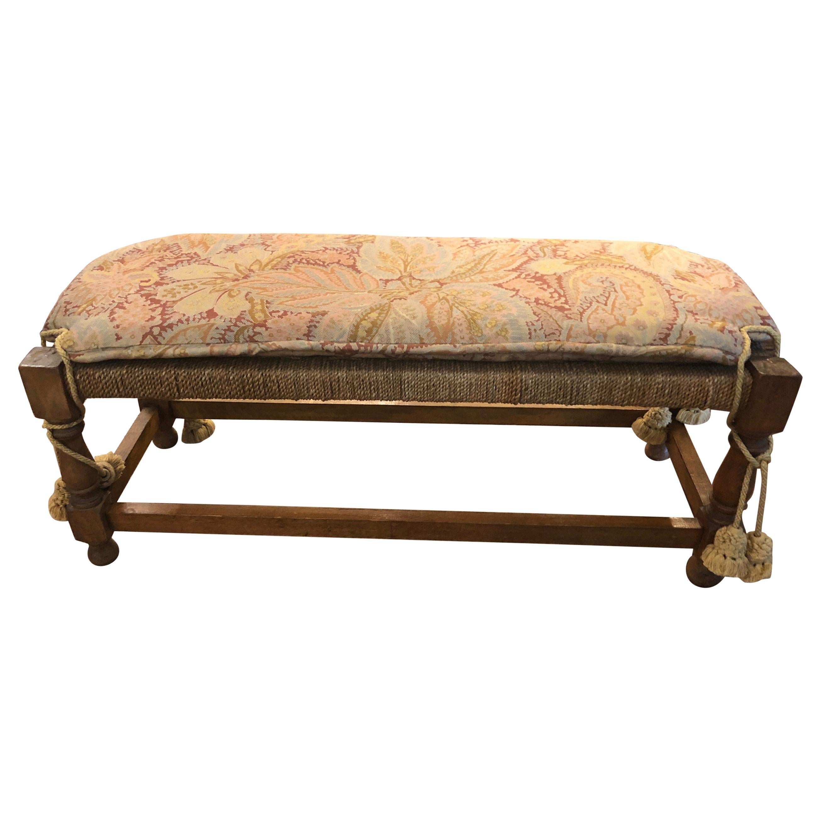 Vintage Wood and Woven Rope Bench with Custom Seat Cushion at 1stDibs