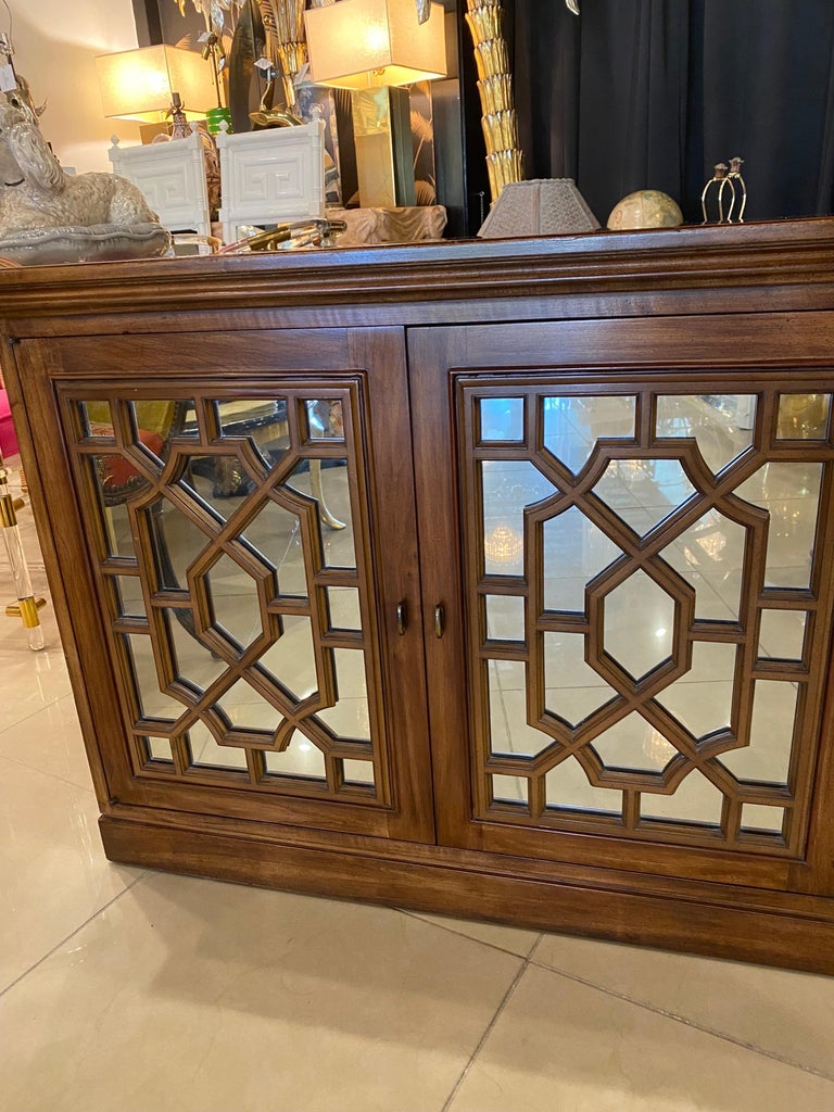 Vintage Wood Chinoiserie Fretwork Fret Mirrored Credenza Buffet ...