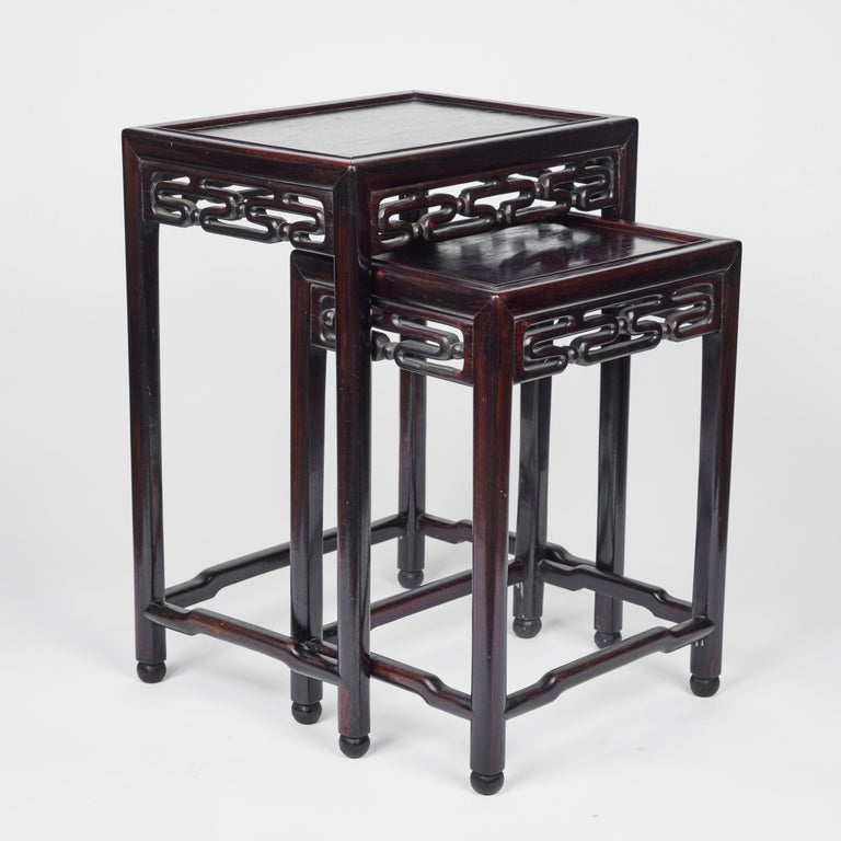 Vintage Wood Nesting Tables with Asian Motif For Sale at 1stDibs
