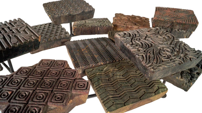 Vintage Wood Printing Blocks on Metal Wall Mounting For Sale at 1stDibs