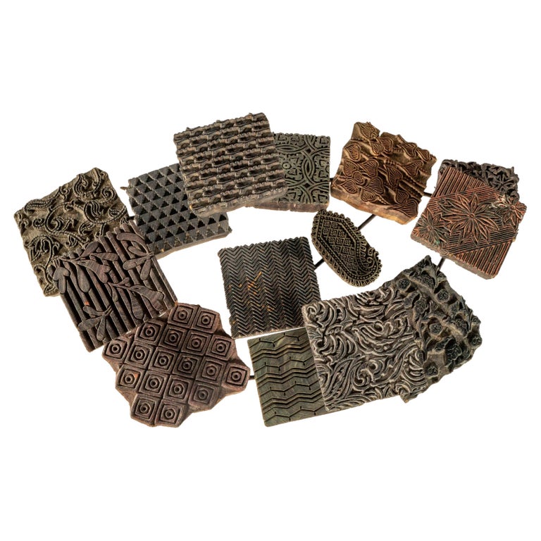 Vintage Wood Printing Blocks on Metal Wall Mounting For Sale at 1stDibs