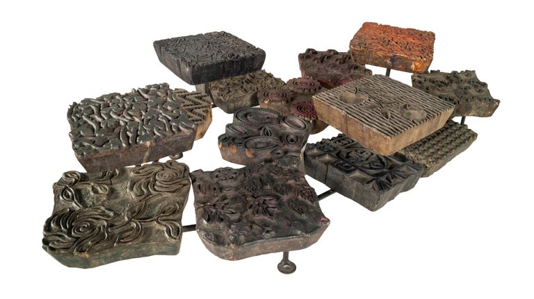 Vintage Wood Printing Blocks with Metal Wall Mounting For Sale at 1stDibs