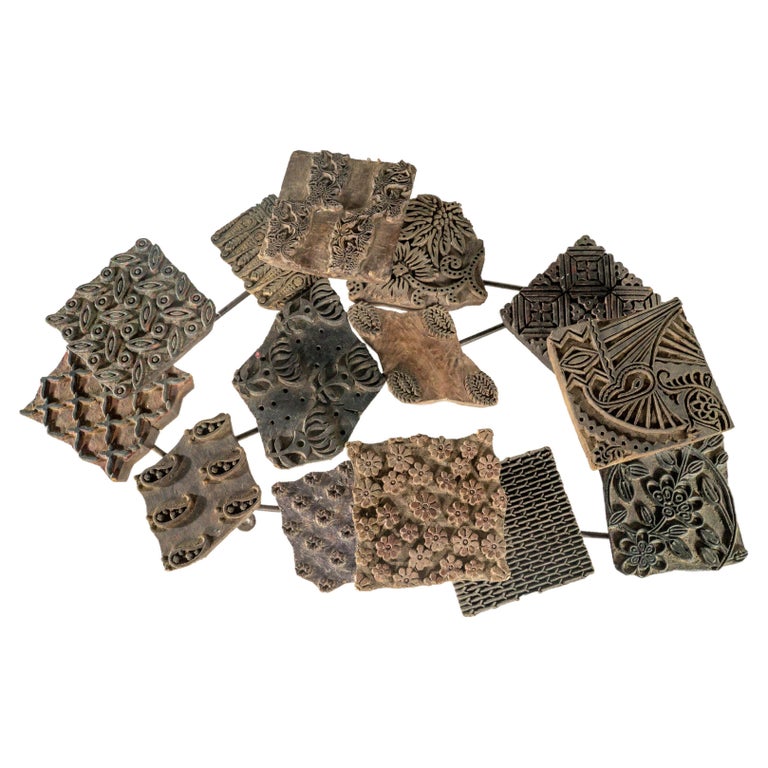 Vintage Wood Printing Blocks with Metal Wall Mounting For Sale at 1stDibs