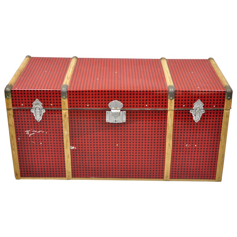 Vintage Wood Tin Metal Wrapped Red Faux Cane Wicker Chest Trunk Box For ...