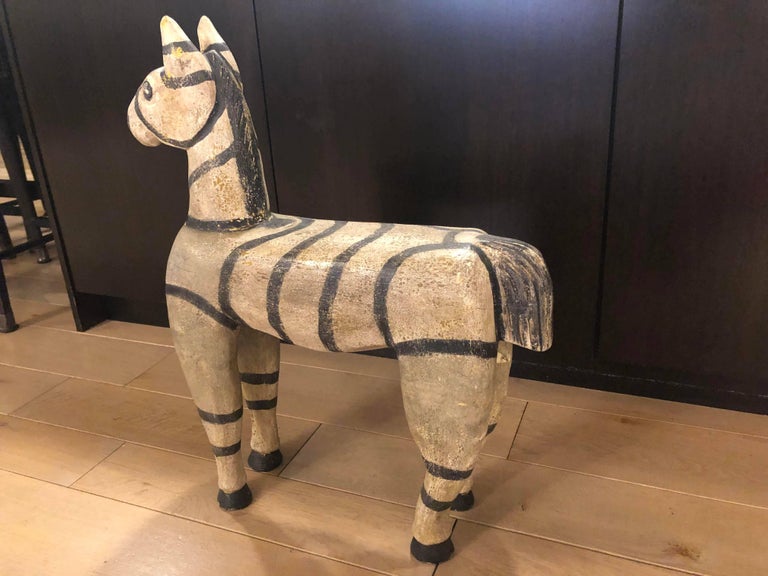 Vintage Wood Zebra Horse Sculpture For Sale at 1stDibs
