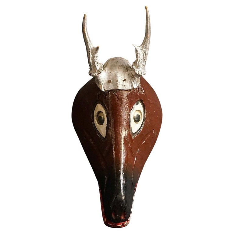 Mid Century Hand Carved Wooden Painted Mexican Deer Mask With Antlers ...