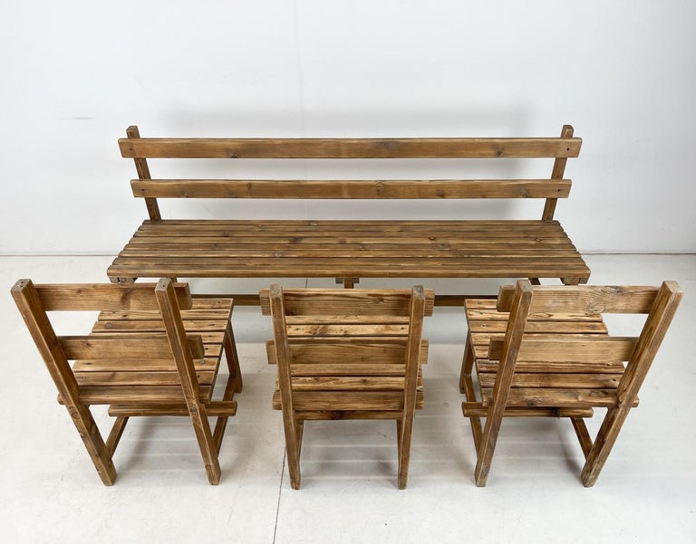 Vintage Wooden Dining Set of Bench and 3 Chairs For Sale at 1stDibs