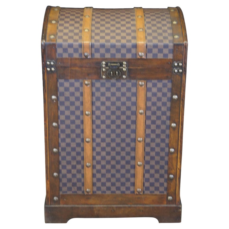 Vintage Wooden Dome Top Storage Trunk Checkered Monogrammed Canvas ...