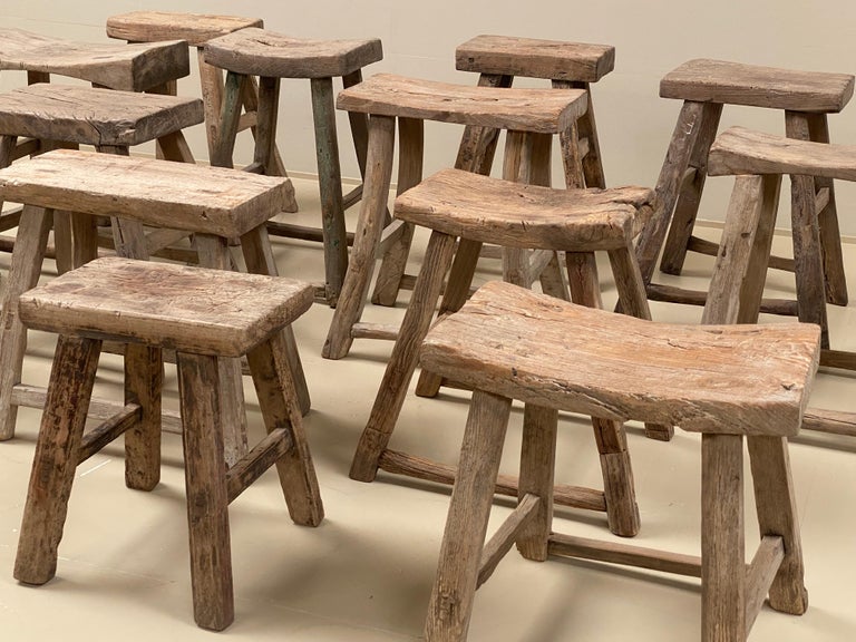 Set of 14 Vintage Wooden Elm Rustic Timber Rectangular Stools, 1960s ...