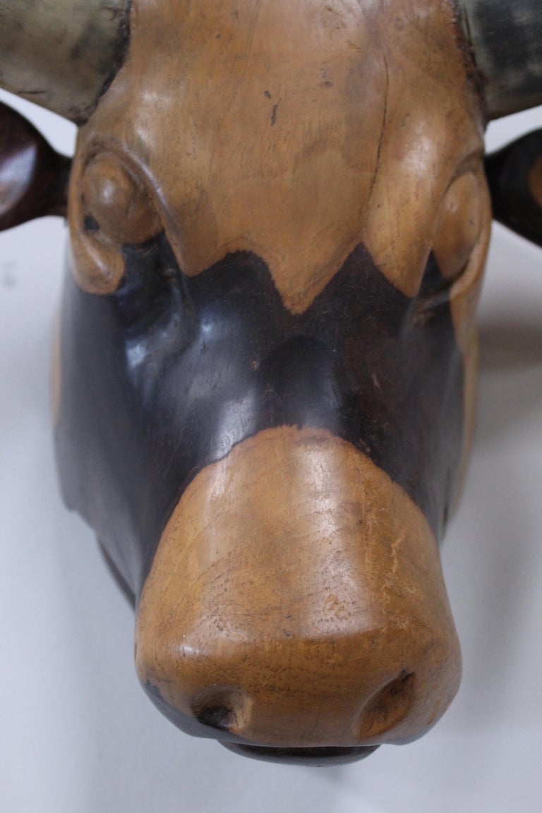 Vintage Wooden Hand Carved Bull's Head with Real Horns For Sale at 1stdibs