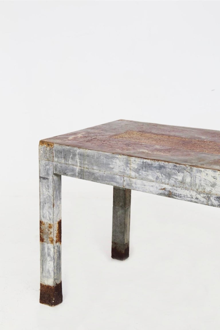 Vintage Wooden Table with Riveted Sheet Metal Covering For Sale at 1stDibs