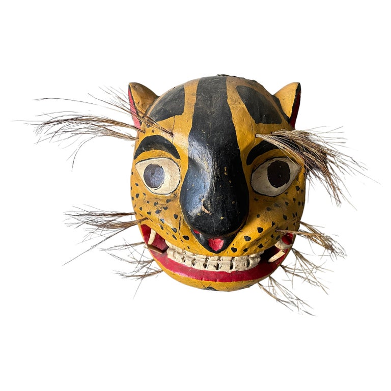 Vintage Wooden Tribal Folk Art Wild Cat Mask at 1stDibs