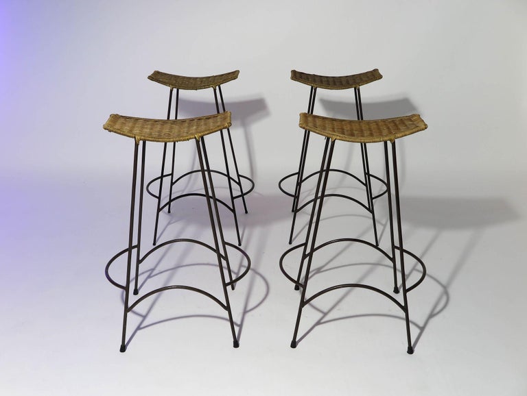 Vintage Wrought Iron and Wicker Bar Stools For Sale at 1stDibs