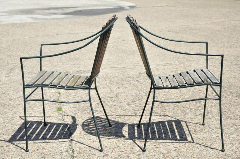 Vintage Wrought Iron and Wood Slat Garden Patio Dining Arm Chairs - Set ...