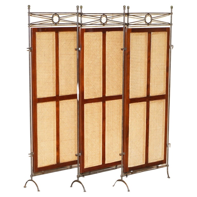 Vintage Wrought Iron, Bergere and Hardwood Triple Panel Room Divider ...