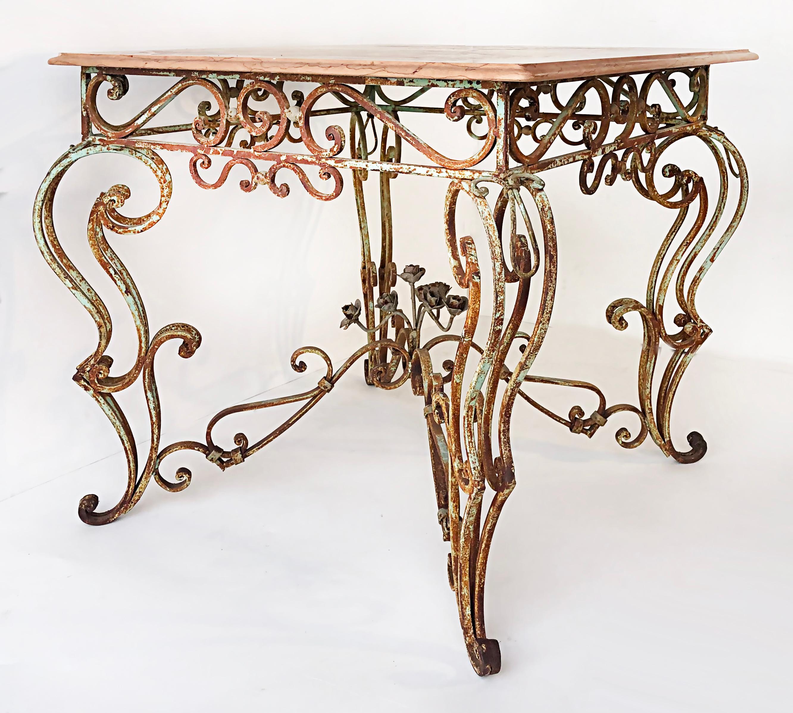 Vintage Wrought Iron Marble Top Garden Table with Scrollwork and Flowers For Sale at 1stDibs ...