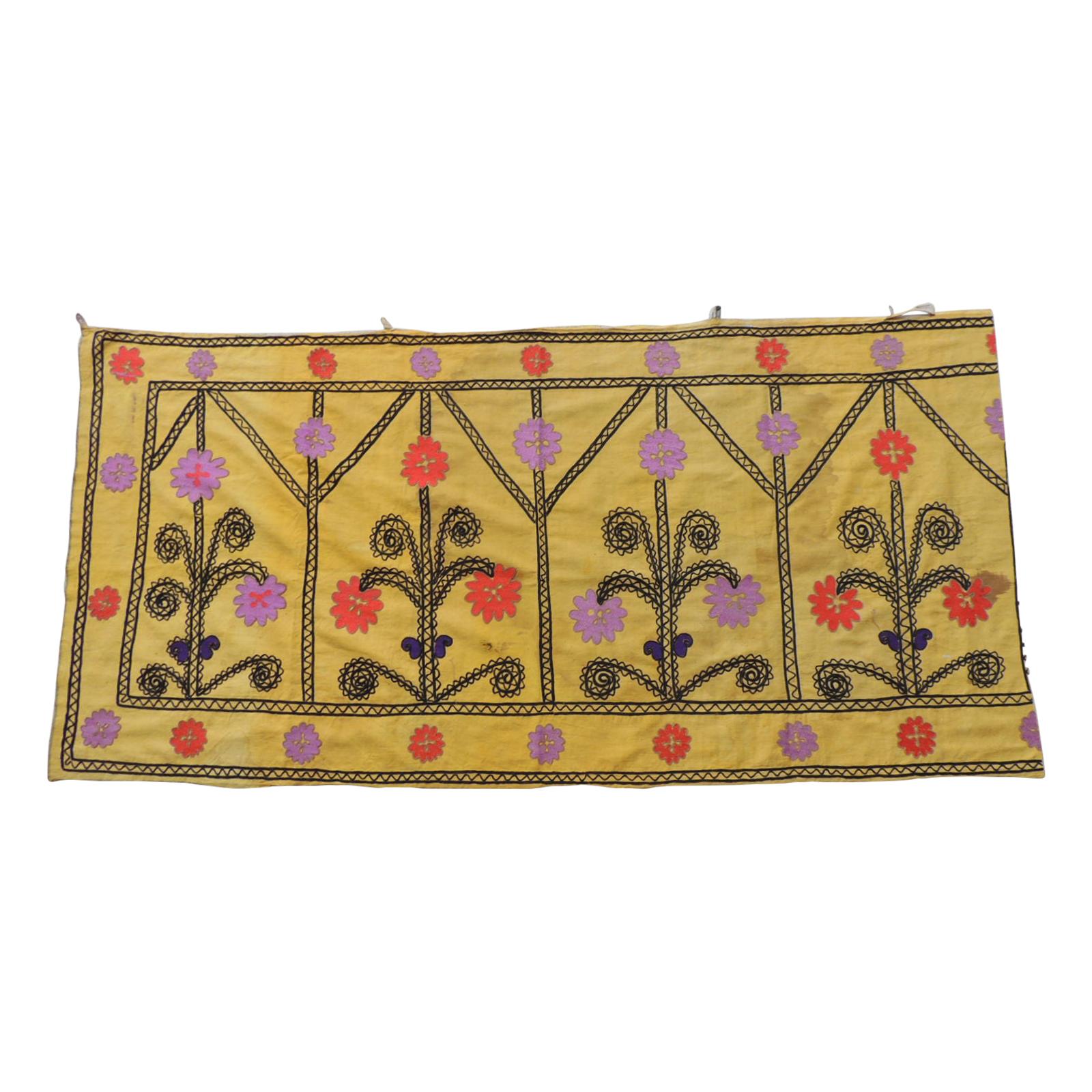 Vintage Yellow and Black Embroidery Suzani Textile Panel at 1stDibs