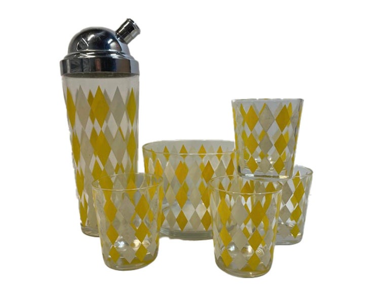 Vintage Yellow and White Diamonds Cocktail Shaker, Ice Bowl and Glasses ...