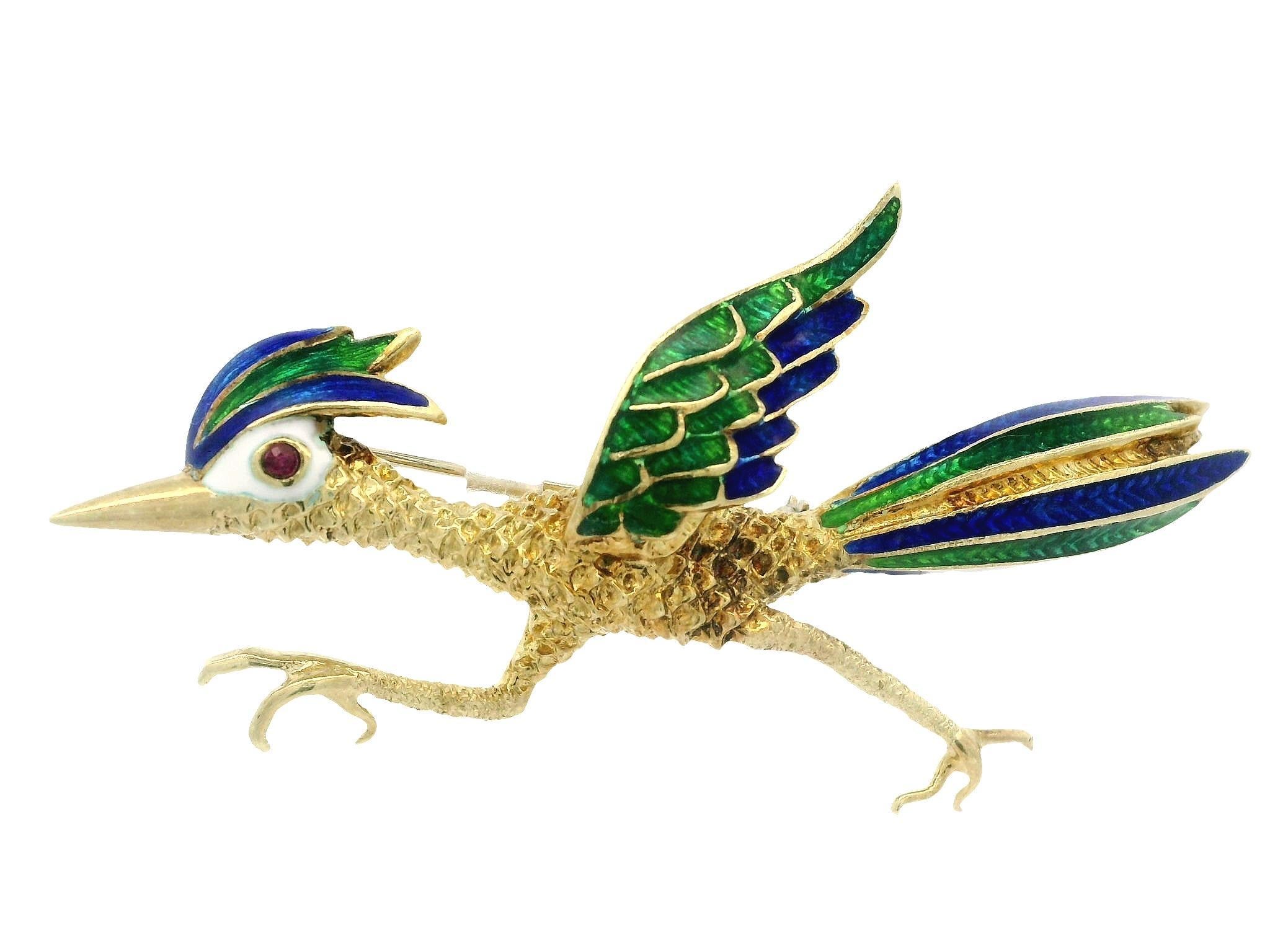 Vintage Yellow Gold Detailed Blue and Green Enamel Roadrunner Brooch w ...