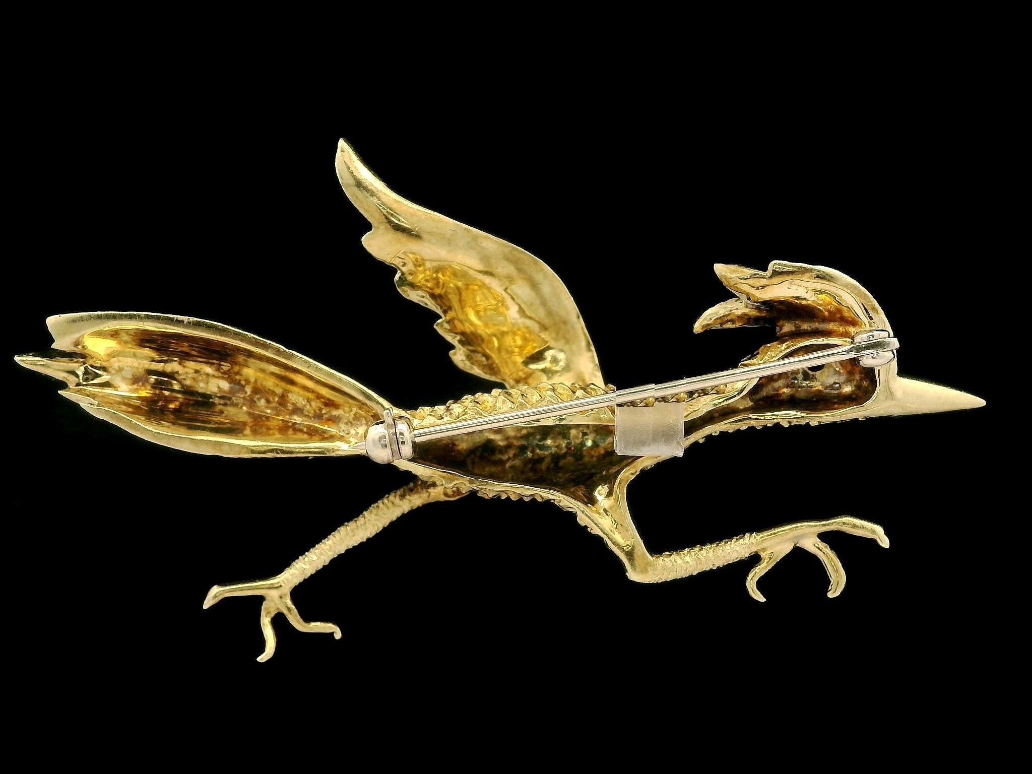 Vintage Yellow Gold Detailed Blue and Green Enamel Roadrunner Brooch w ...