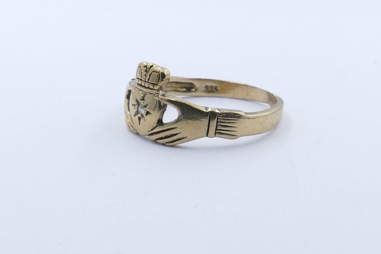 Vintage Yellow Gold Diamond Studded Irish Claddagh Ring For Sale at 1stDibs