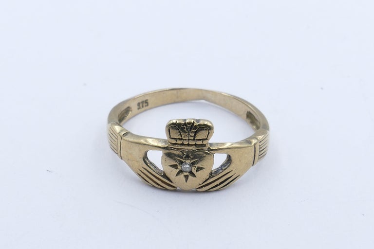 Vintage Yellow Gold Diamond Studded Irish Claddagh Ring For Sale at 1stDibs
