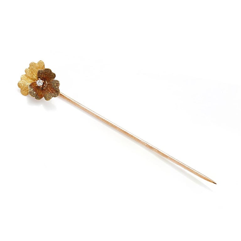 Vintage Yellow Gold Orchid Diamond Enamel Stick Pin at 1stDibs