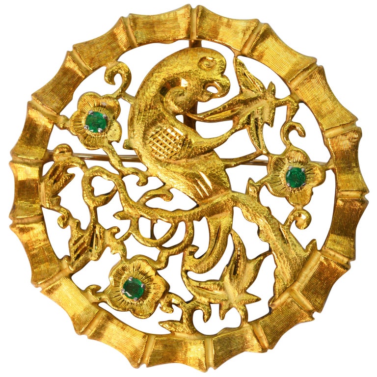 Vintage 18 Karat Yellow Gold Parrot Brooch Pendant with Emerald Accents ...