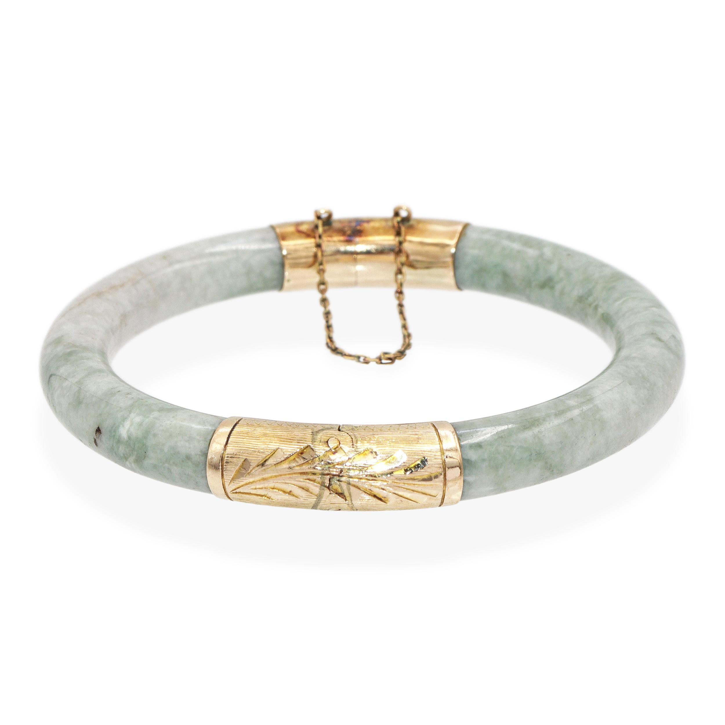 Vintage Yellow Gold Variegated Jade Hinged Bangle Bracelet For Sale at ...