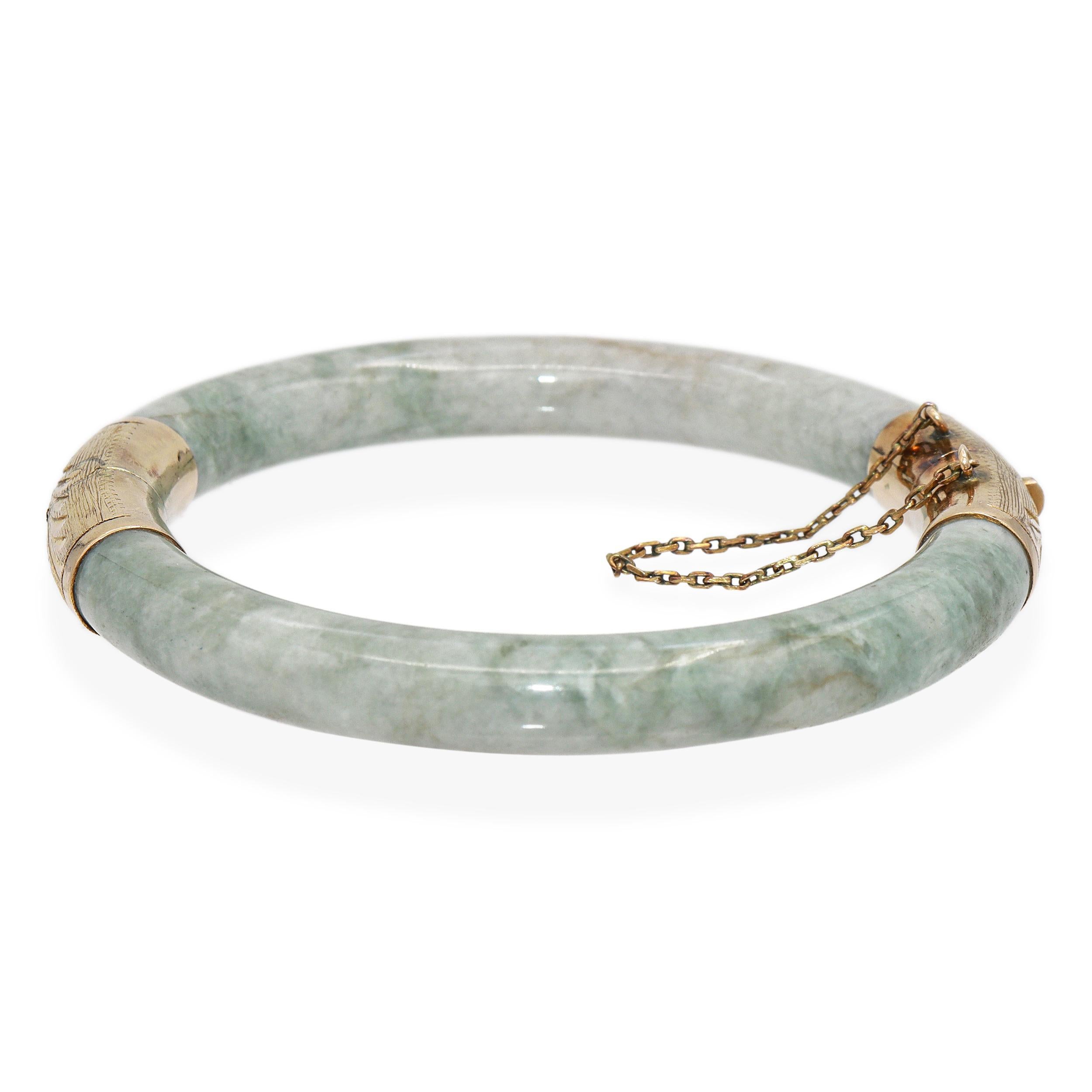 Vintage Yellow Gold Variegated Jade Hinged Bangle Bracelet For Sale at ...