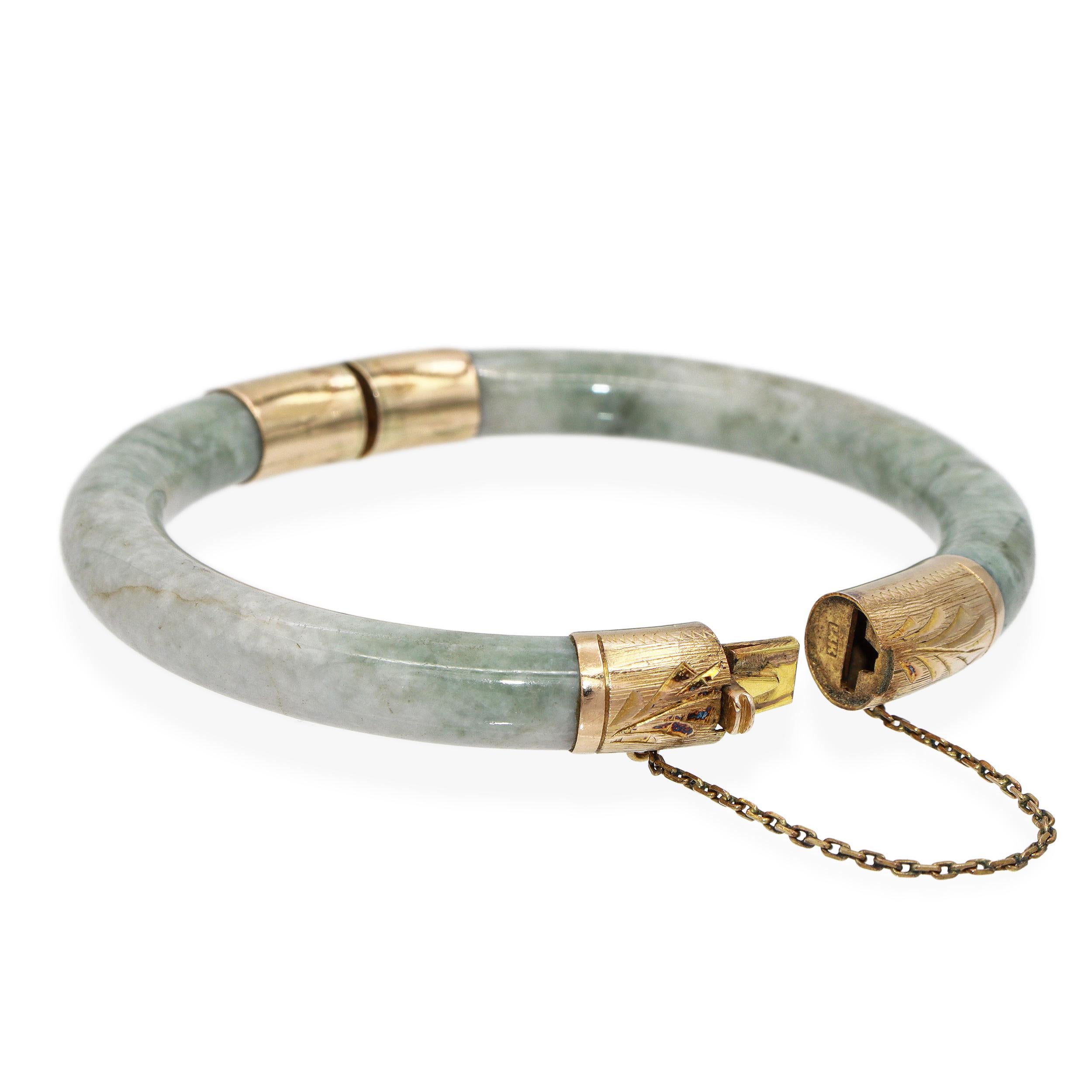 Vintage Yellow Gold Variegated Jade Hinged Bangle Bracelet For Sale at ...