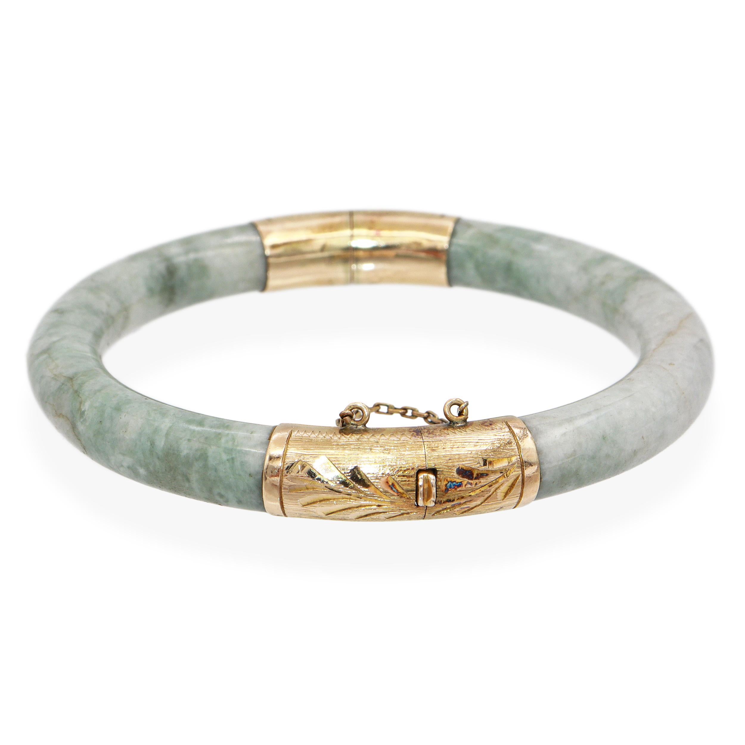 Vintage Yellow Gold Variegated Jade Hinged Bangle Bracelet For Sale at ...