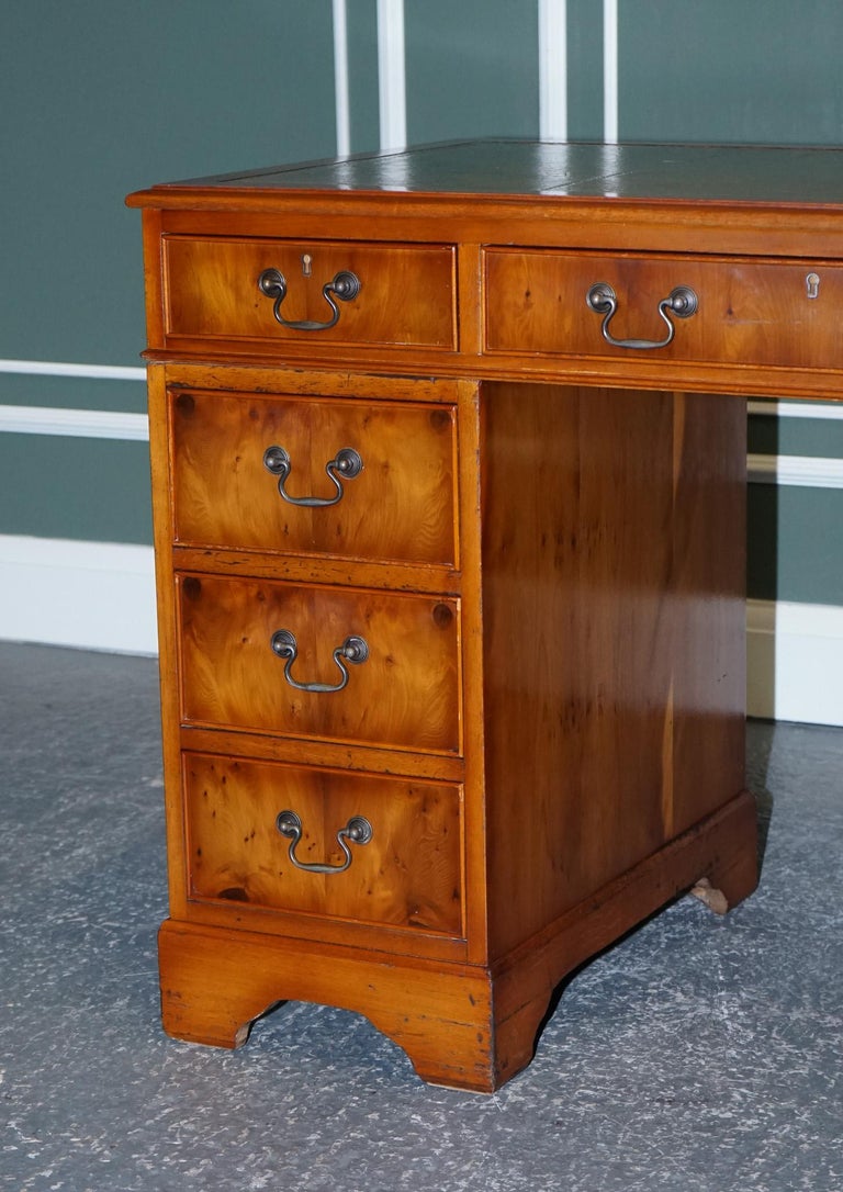 VINTAGE YEW WOOD TWIN PEDESTAL DESK WITH GREEN LEATHER INLAiD TOP For ...