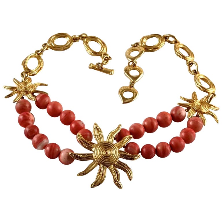Vintage YSL Yves Saint Laurent Sun Coral Beads Necklace For Sale at 1stDibs