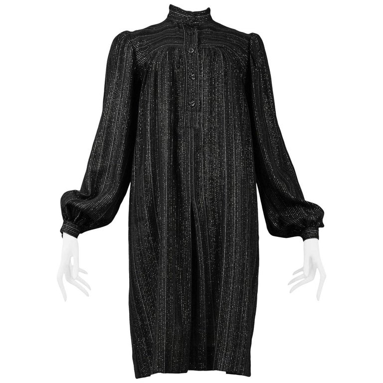 Vintage Yves Saint Laurent 1970's Black and Gold Smock Dress at 1stDibs