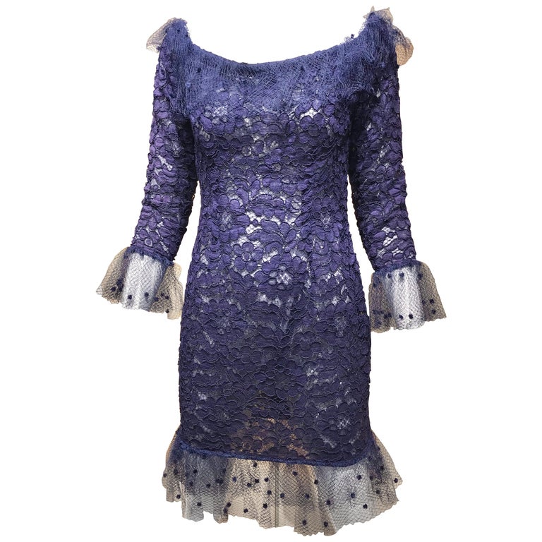 Vintage Yves Saint Laurent Blue Lace Fitted Cocktail Dress For Sale at ...