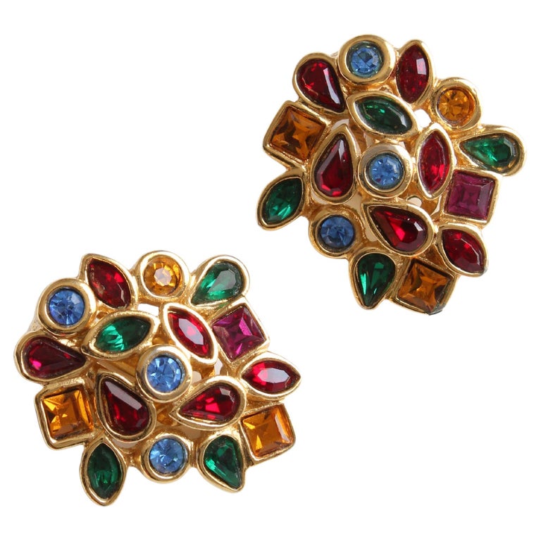 Vintage Yves Saint Laurent Earrings Multicolor Glass Rhinestones Clip ...
