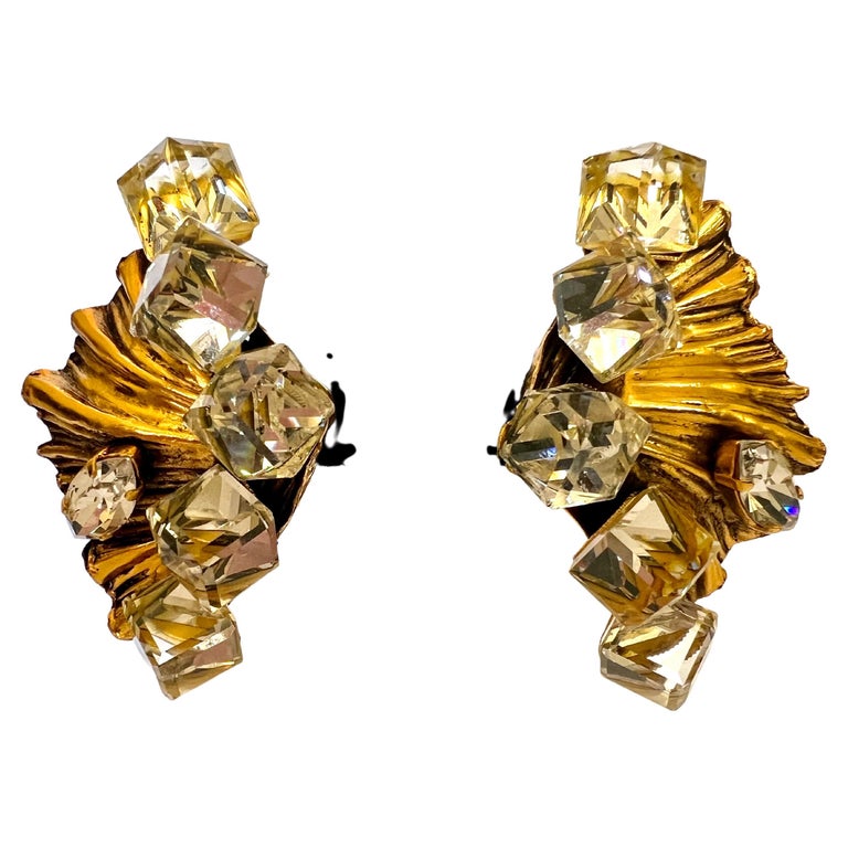 Vintage Yves Saint Laurent Gold Ornate Crystal Earrings For Sale at 1stDibs